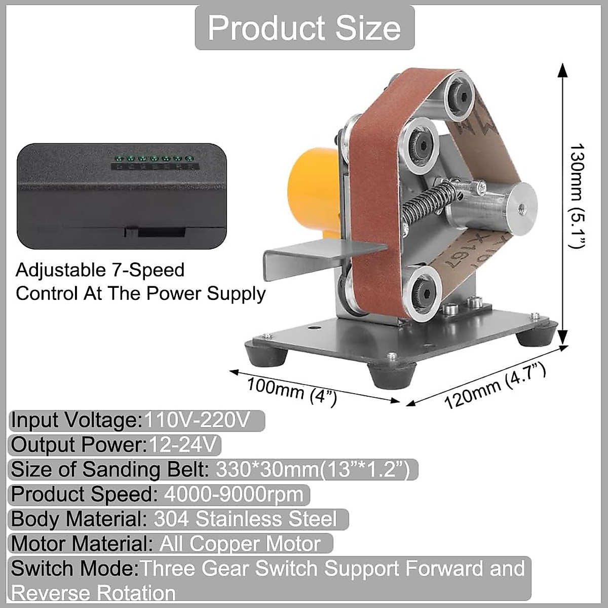 Electric Mini Belt Sander Polishing-Grinding Sharpener, 13 x 1.2inch Power 7 Adjustable Speed Multifunctional Mini Bench Belt Grinder Kit for Metal Knife Wood Polishing