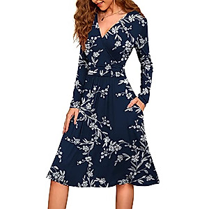 WEACZZY Womens Dresses Long Sleeve Casual Holiday Dress V-Neck Party Dress with Pockets, Floral Navy, Medium