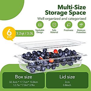 HNEDSEN 6 Pack Plastic Food Pan with Lid 1/3 Size 4 Inch Deep Restaurant Clear Food Storage Containers Polycarbonate Commercial Hotel Pans for Fruits Vegetables Beans Corns (6 PCS, 4'' Deep)