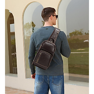 LANNSYNE Full Grain Leather Sling Bag For Men Crossbody Chest Daypack fits 10.5" iPad