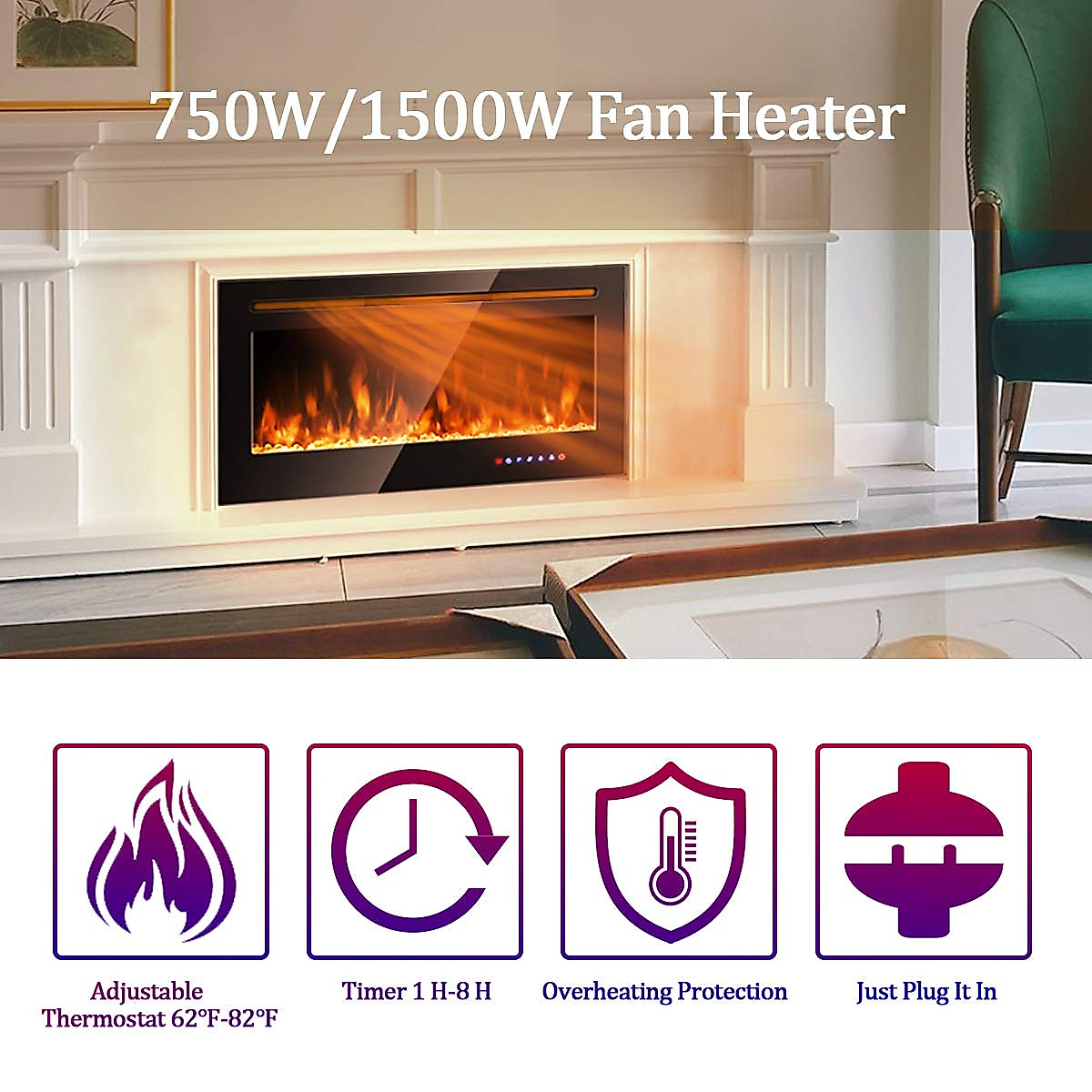 COSTWAY 36-Inch Electric Fireplace, 750W/1500W Wall Recessed and Mounted Fireplace Insert with Remote Control, 9 Flame Colors, 5 Brightness Settings, 8 H Timer, Fireplace Heater for Indoor Use