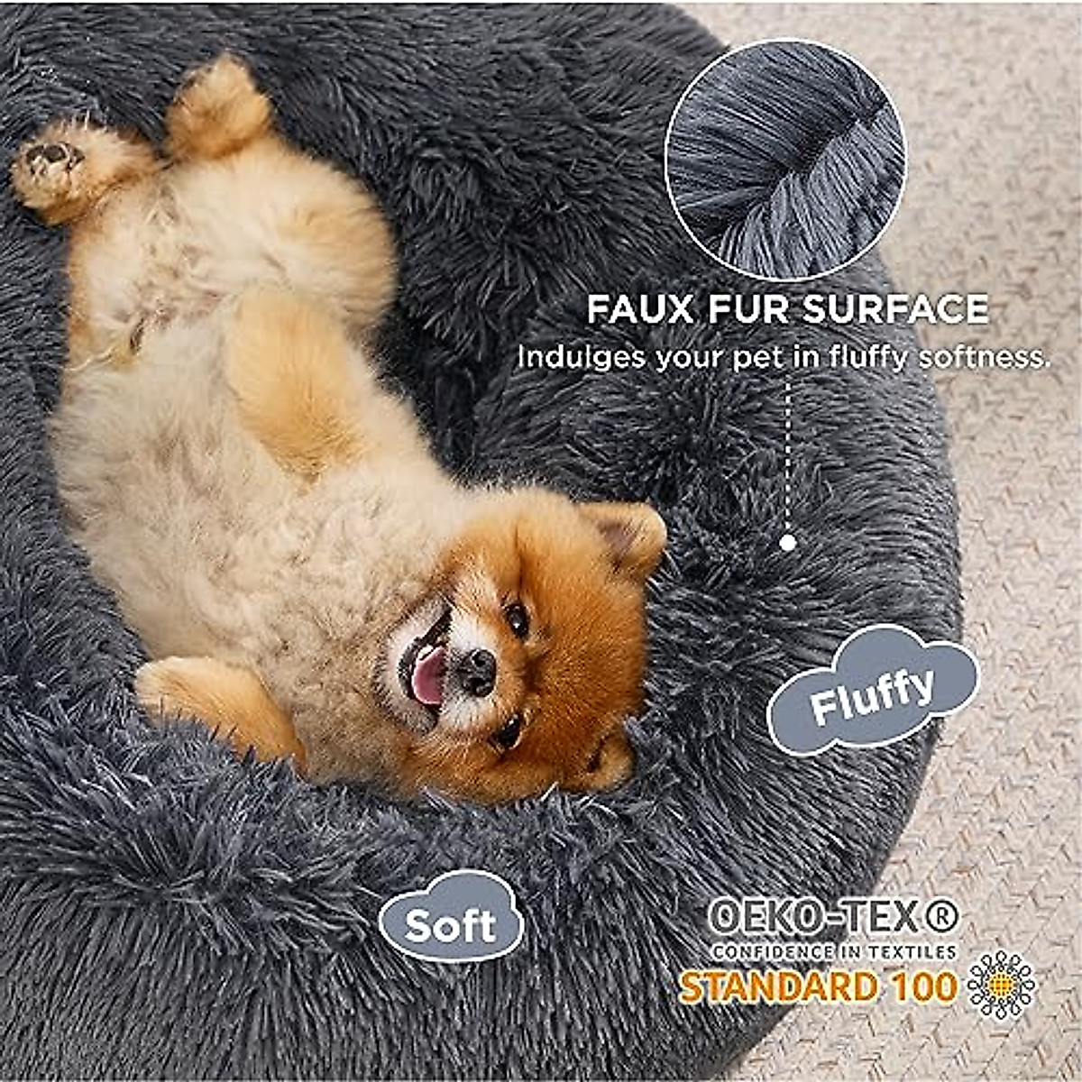 Bedsure Calming Dog Bed for Small Dogs - Donut Washable Small Pet Bed, 23 inches Anti-Slip Round Fluffy Plush Faux Fur Large Cat Bed, Fits up to 25 lbs Pets, Dark Grey
