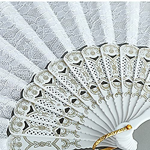 sehtorry White Lace Hand Folding Fan Bridal Dancing Props Floral Handheld Fan for Women Wedding Décor or Party Dess-up Favors