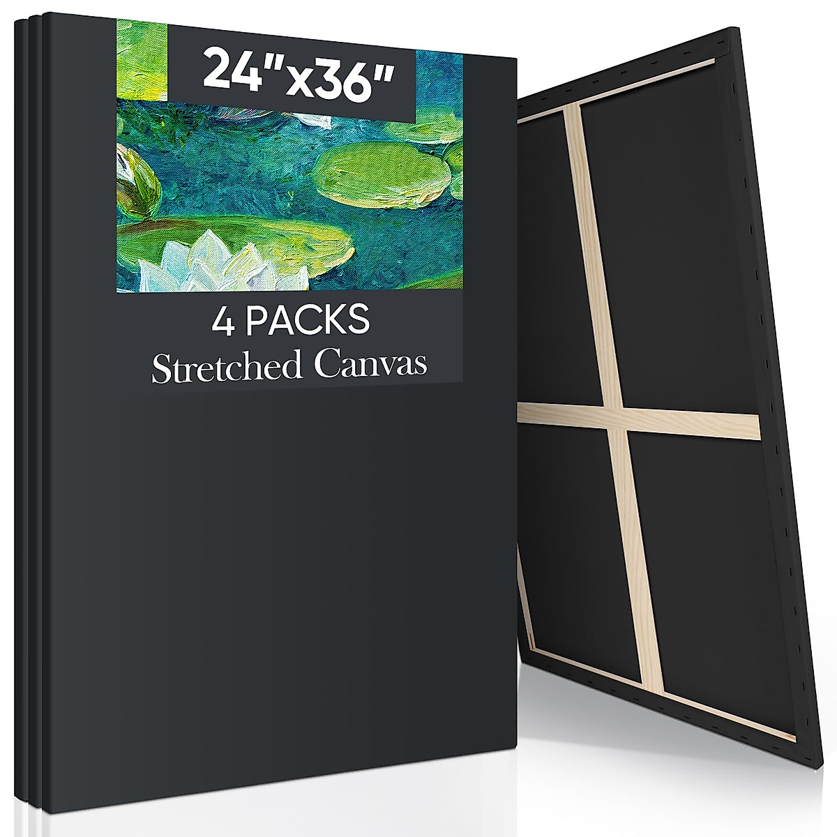 Ctosree 4 Pack Large Stretched Canvases for Painting Black 24 x 36 Inches Primed 100% Cotton Blank Canvas Boards for Acrylic Pouring Oil Watercolor Paints