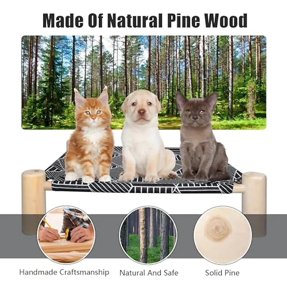 Babyezz Cat/Dog Bed - Wooden Pet Hammock, Elevated Breathable, Detachable Portable Indoor/Outdoor, Suitable for Kitty, Puppy, Bunny & Small Animals (Black Diamond)