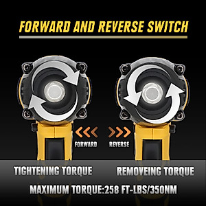 WITLIGHT Cordless Impact Wrench, Compatible w/ 20V Max Battery (NOT Included), Mellif 1/2" High Torque (258Ft.lbs/350N.m) Brushless Impact Driver 3 Speeds & Memory Mode & LED light, Yellow
