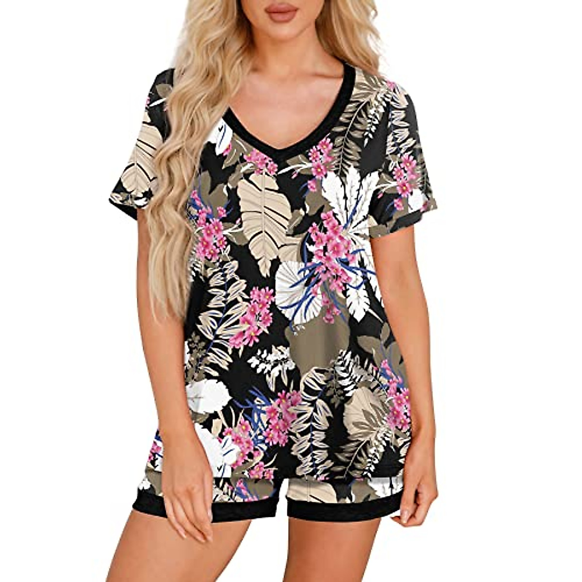 PrinStory Women's Pajama Set Short Sleeve Shirt and Shorts Sleepwear Pjs Sets with Pockets FP-Big Leaf Pink-Large