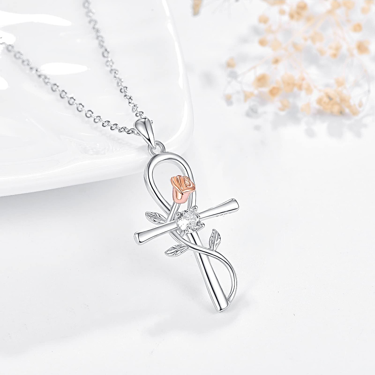 PRAYMOS Ankh Necklace Women 925 Sterling Silver Rose Cross Pendant 5A Cubic Zirconia Ankh EgyptianJewelry Gift for Women Wife Mother's Day Gifts