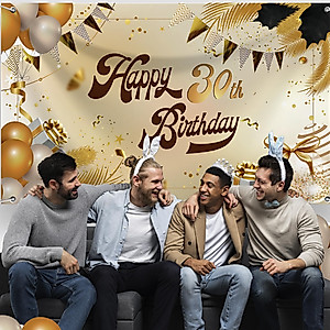 Bing-Haoze 30th Happy Birthday Backdrop Banner- 71“x 44” Gold Happy Birthday Decorations Banner Party Decorations Supplies Photo Background for Men Women Birthday Party