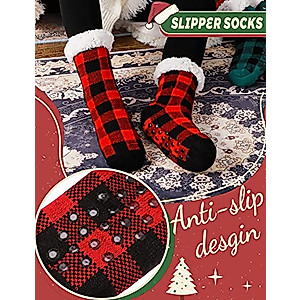 Fuzzy Socks for Women Slipper Fluffy Buffalo Plaid Cabin Cozy Winter Thick Warm Comfy Sherpa Fleece Sleep Plush Home Grips Socks Christmas White Elephant Gift Stocking Stuffer for Wife Her Teenage-Red