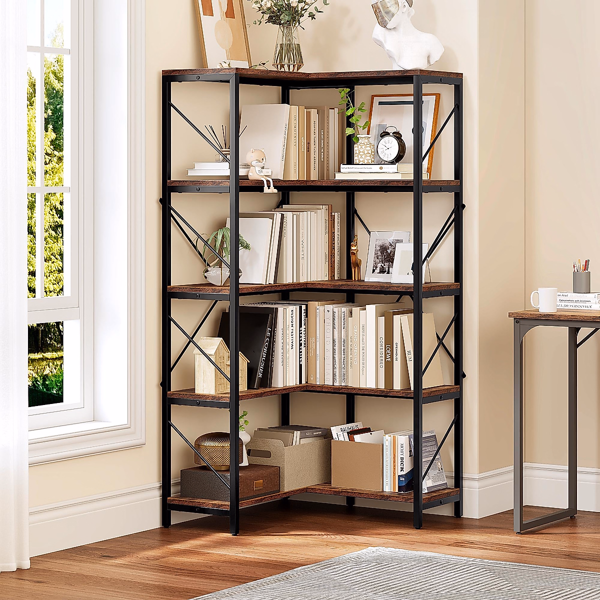 YITAHOME Corner Bookshelf, Industrial Corner Shelf 5 Tier Bookcase, Large Display Rack Storage for Bedroom, Living Room, Home Office,Rustic Brown