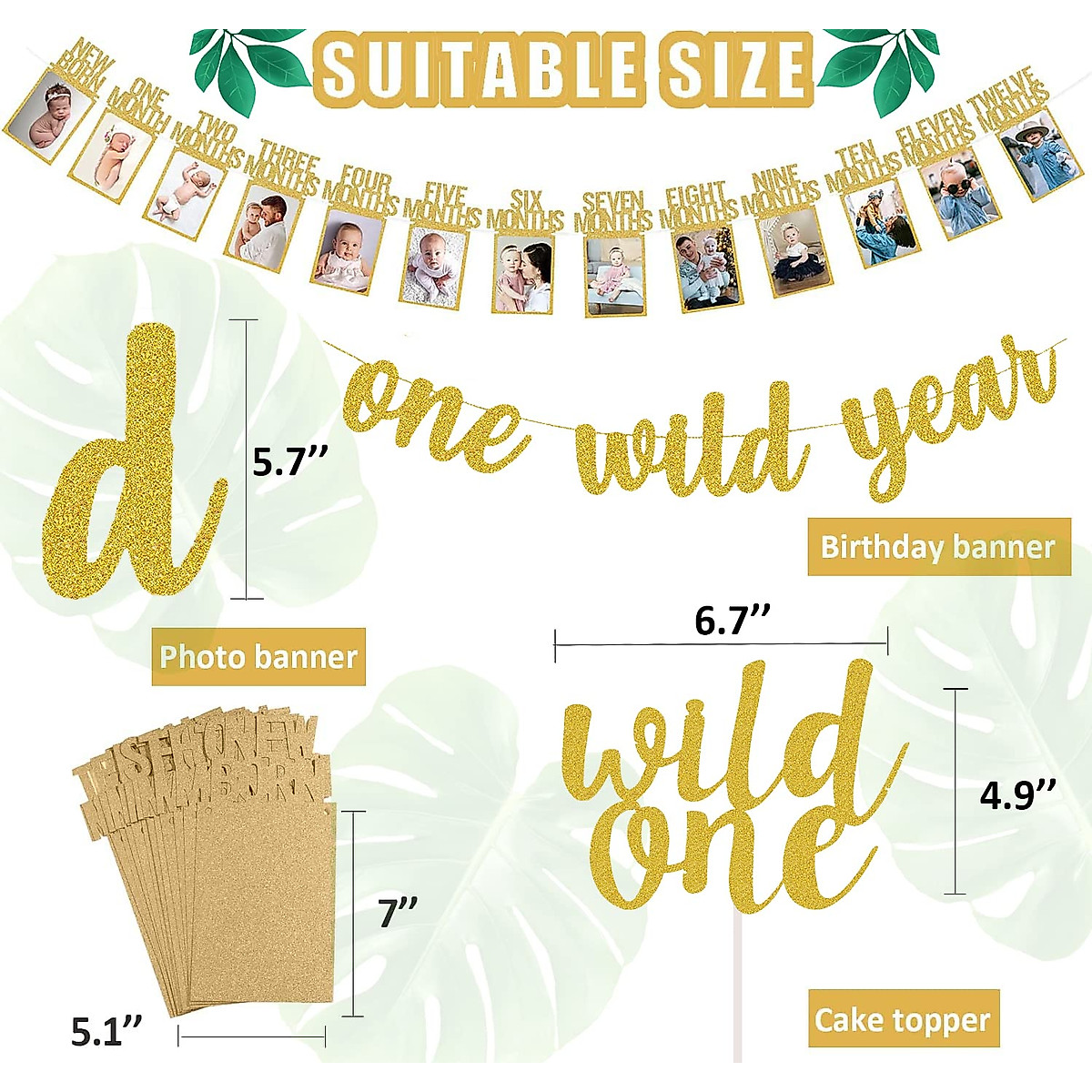 Wild One Birthday Decorations - Gold Glitter One Wild Year Banner + Baby 1st Birthday Photo Banner From Newborn to 12 Month - Safari, Jungle & Wild One Birthday Decorations