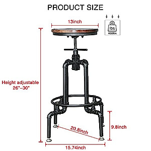 MAIKAILUN Industrial Vintage Bar Stool Set of 2,Rustic Adjustable Bar Stool Round Wood Metal Stool 26-30 Inch Kitchen Swivel Counter Height Farmhouse Stool Black