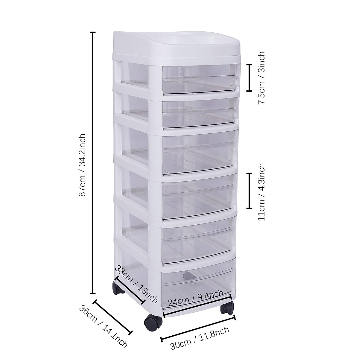 Rolling 6 Drawer Cart,34"H x 14"L x 12" W,4 Universal Wheels w/Lock,Storage Drawer Cart,Heavy Duty Dresser Storage Transparent Tower