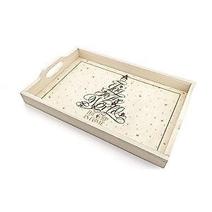 Elysian Gift Shop Joy to The World Christmas Serving Tray- Rustic Farmhouse Modern slatted Wood Look with Handles and Christmas Tree Christmas Decorative Large Platter, Ivory, 18x12
