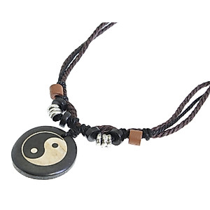Surfer Cord Necklace With Ying Yang Carved Bone Pendant - Fully Adjustable - Black & Brown Cord