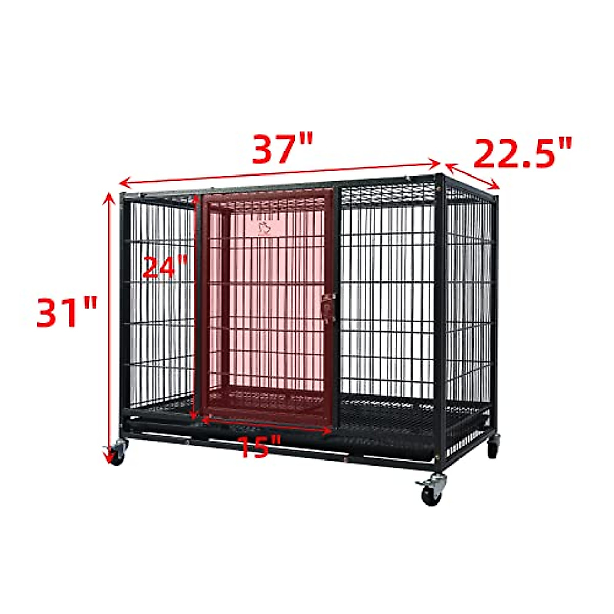Homey Pet 37 inch Heavy Duty Dog Crate, Extra Strong Dog Cage for Medium Dog, Indoor High Anxiety Double Door Dog Crate on Wheels with Removable Tray