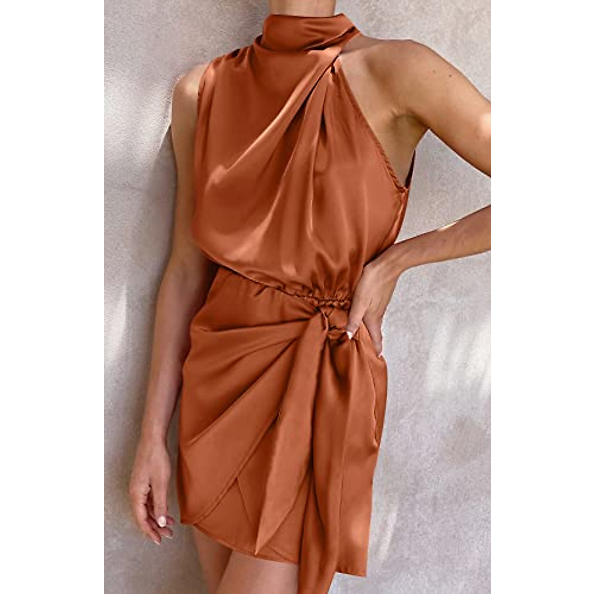 ZESICA Women's 2023 Fashion Satin Sleeveless Halter Neck Tie Waist Wrap Bodycon Cocktail Party Mini Dress,Rust,Medium