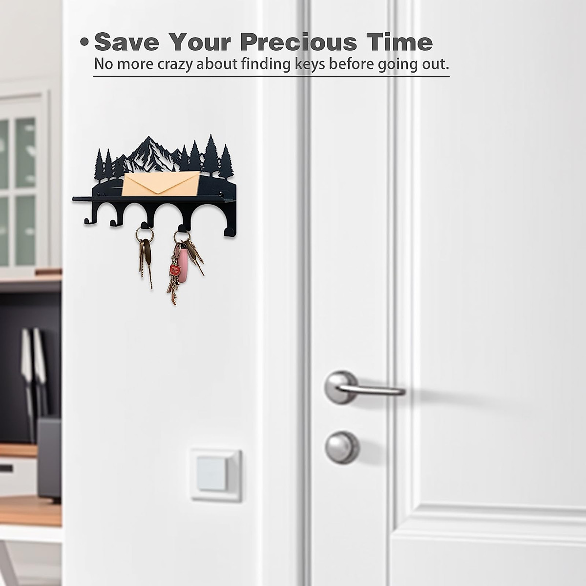 Wall Mounted Key Rack, Decoration Metal Key Rack Hook Organizer with 5 Hooks for Bags Wall Front Door Hallway Kitchen Office, 2-in-1