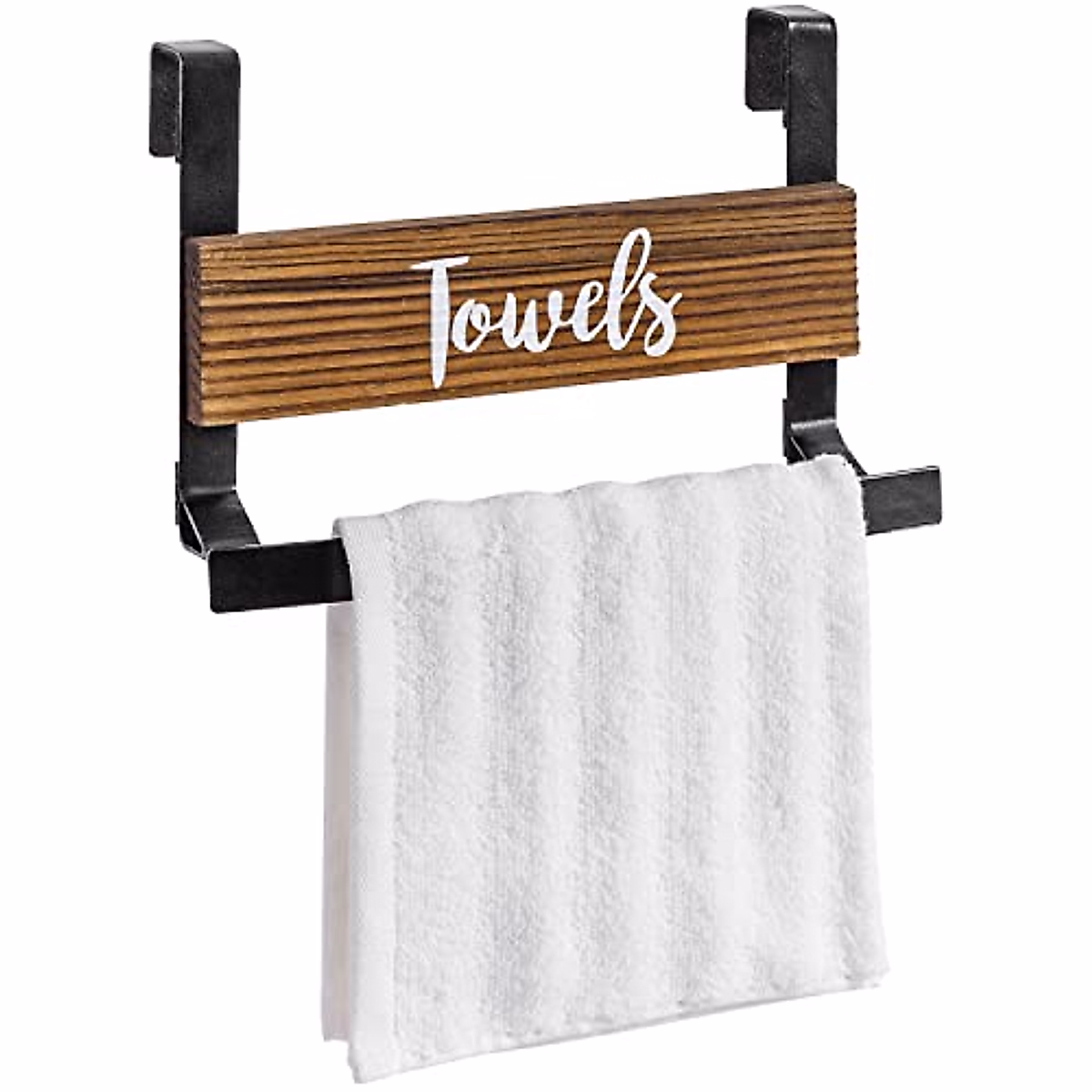 MyGift Black Metal Over The Cabinet Kitchen Towel Holder Dishrag Drying Rack with Rustic Solid Burnt Wood White Cursive Towels Design Sign