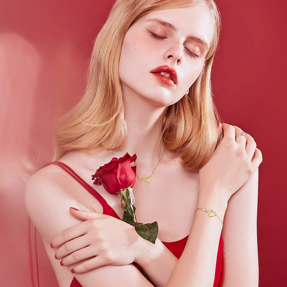 FANCIME Infinity Love Heart Bracelet 925 Sterling Silver Gold Plated Cubic Zirconia CZ Diamond Dainty Fine Jewelry Anniversary Birthday Christmas Gifts for Women Mom, Chain 6.7"+1.2"