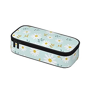 Cute Green Daisy Pencil Case with Zipper, Large Capacity Kawaii Pencil Pouch Aesthetic Pencil Box Marker Pencil Bag for Girls and Boys