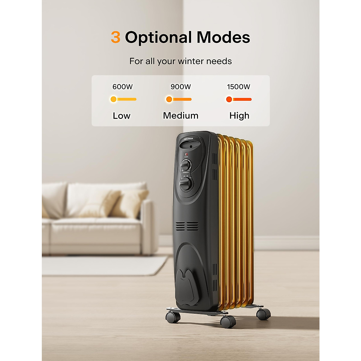 PELONIS Oil Filled Radiator Heater for indoor use Large Room Safe with Thermostat, 1500W Energy Efficient Quiet Space Heater, 3 Heat Settings, Overheat & Tip-Over, Black