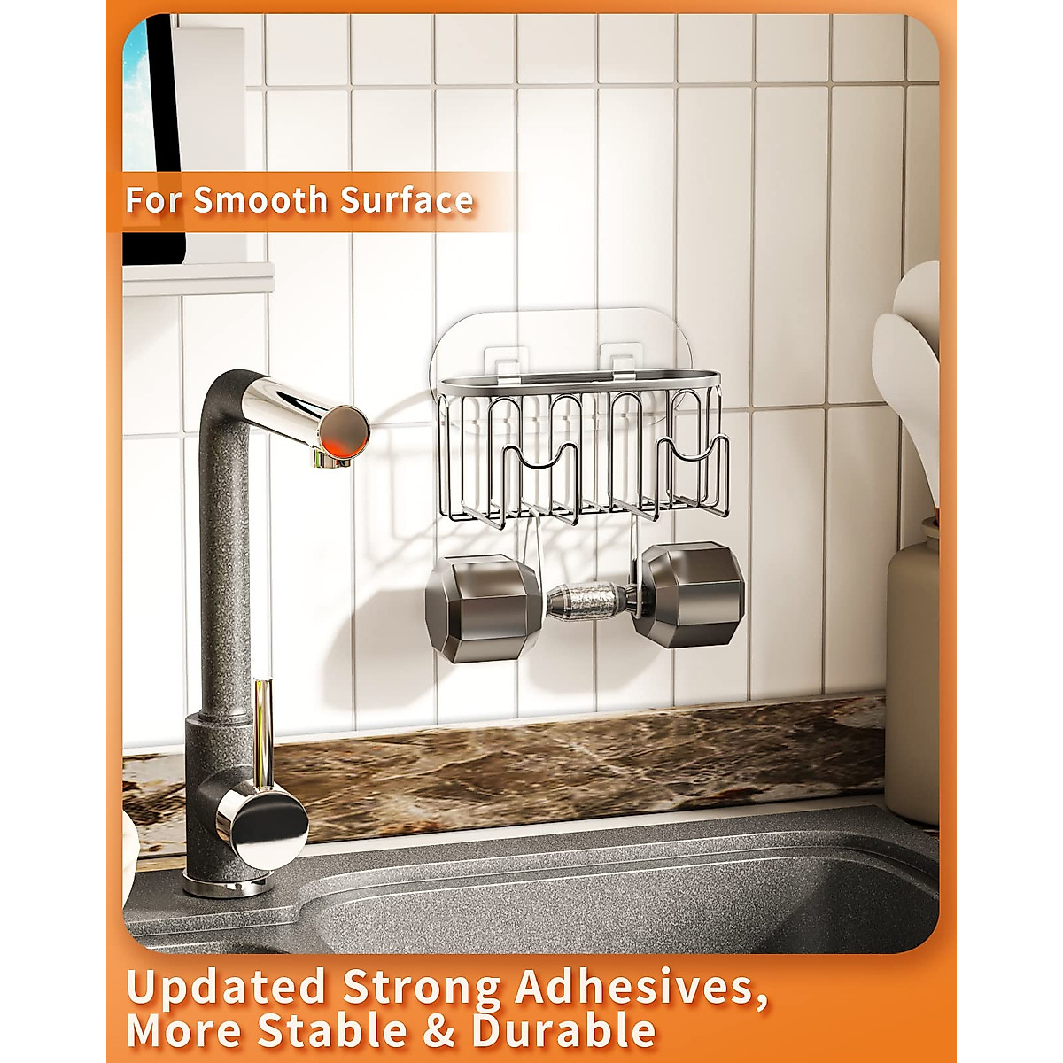 SWTYMIKI Sink Sponge Holder With Double Hook, Stainless Steel Sink Caddy Kitchen Sink Organizer Multifunctional Rustproof Kitchen Sponge Holder for Kitchen Sink Accessories, Silver