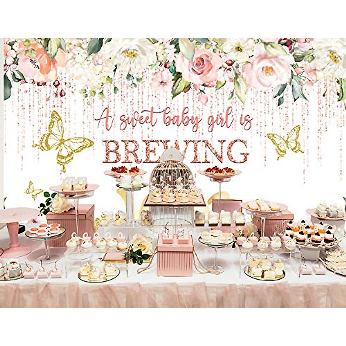 Ticuenicoa A Baby is Brewing Baby Shower Backdrop for Photography Teapot Butterfly Floral Babyshower Background Newborn Kids 1st Birthday Party Backdrops Cake Table Banner Photo Booth Props 5x3ft