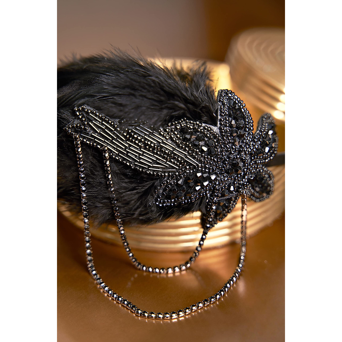 BABEYOND 1920s Flapper Headband Feather Beaded Headpiece Roaring 20s Great Gatsby Hair Accessory for Party (Black)