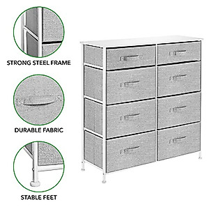 mDesign Tall Steel Frame/Wood Top Storage Dresser Furniture Unit with 8 Slim Removable Fabric Drawers, Large Bureau Organizer for Bedroom, Living Room, Closet - Lido Collection, Gray, Pack of 1
