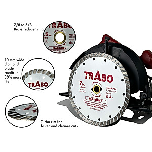 Trabo 7 Inch Masonry Turbo Rim Diamond Metal Bond Blade for Cutting Cement, Pavers, Concrete with Rebar, Natural Stone and More, with 7/8 Inch Arbor with 5/8 Inch Reducer Ring