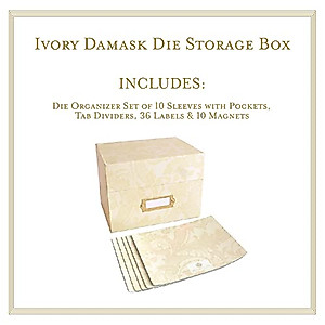 Anna Griffin Die Storage Box - Ivory Damask - 9" x 6.5" x 7" Elegant Box Set & Magnetic Storage of Craft Dies - Die Organizer Set of 10 Sleeves with Pockets, Tab Dividers, 36 Labels & 10 Magnets