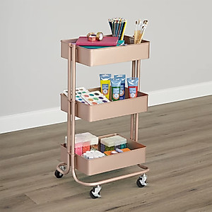 Simply Tidy Lexington 3 Tier Multipurpose Stylish Rolling Storage Cart for Organizing Supplies in Home or Office Spaces, Rose Gold