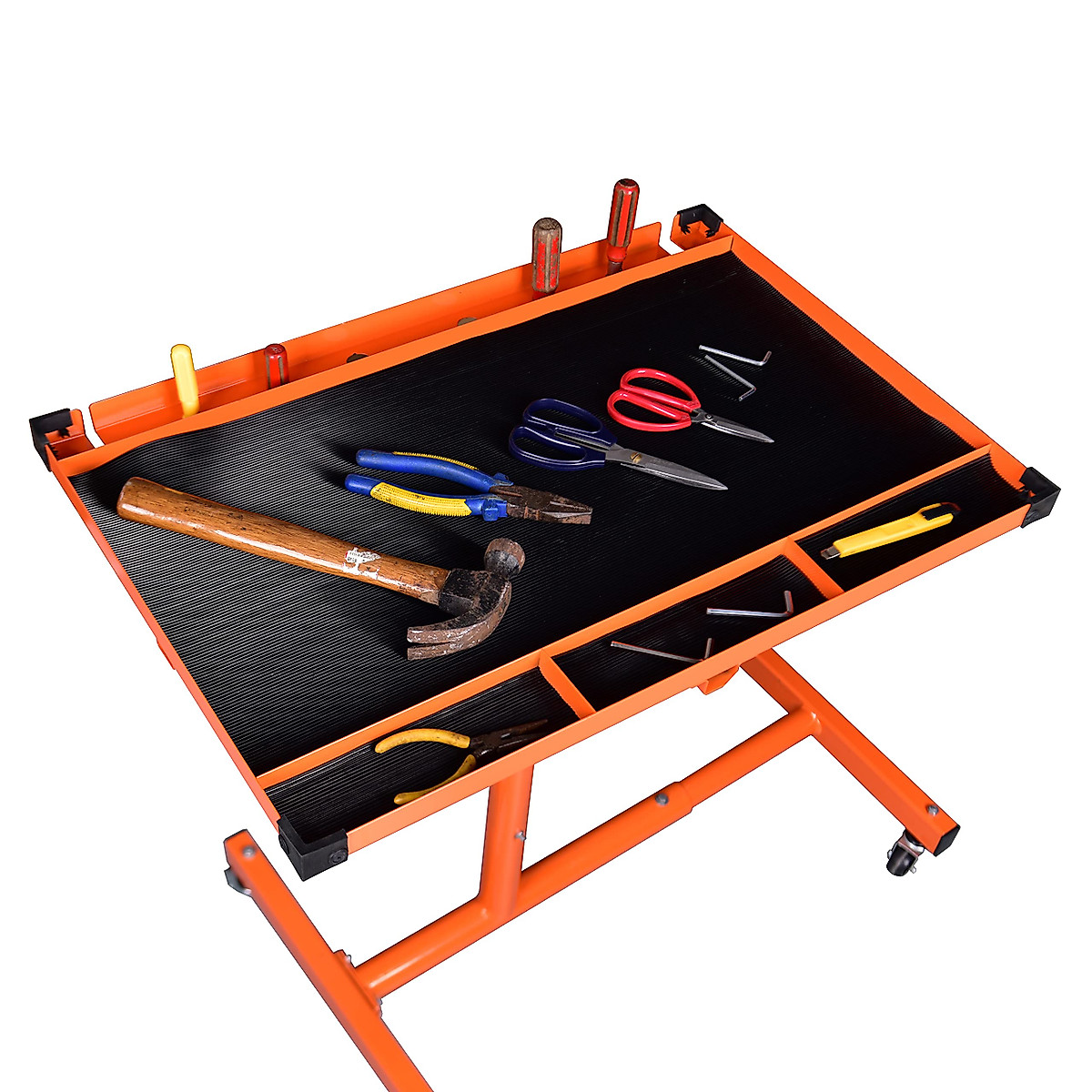 Eisen Mechanics Rolling Work Table, Adjustable Mobile Tray Table for Shop, Garage, DIY. Tool Tray Cable With Wheels. 220 lb. Capacity, orange