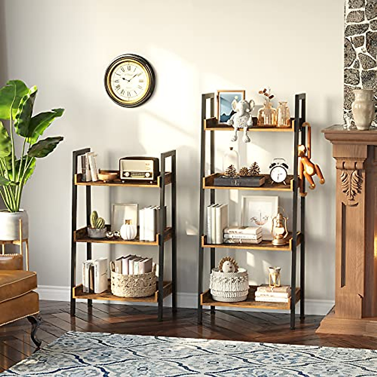 Rolanstar Bookshelf, 4 Tier Ladder Bookshelf with 3 Hooks, Industrial Bookcases, Freestanding Display Plant Shelves with Metal Frame for Living Room, Rustic Brown