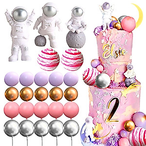 LaVenty Pink Space Cake Toppers Outer Space Astronaut Rocket Stars Cake Decorations for Birthday Party Supplies Baby Shower