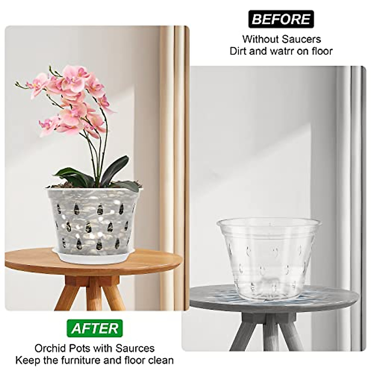 Suguder 8 Pack 7 Inch Orchid Pot, Orchid Pots with Holes and Saucers, Clear Plastic Plant Flower Pot for Indoor Outdoor Garden