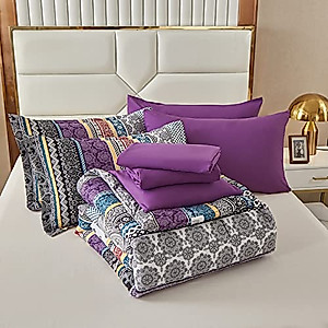 Boho Comforter Set Full Size 8 Piece Bed in a Bag Bohemian Striped Bedding Quilt Set Purple Paisley Floral Comforter and Sheet Set,Soft Microfiber Complete Bedding Sets for All Season