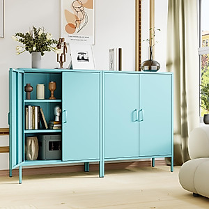 COFaR Blue Metal Cabinet with Doors and Shelves,Metal Storage Cabinet with Leg,Multipurpose 3-Tier Office Cabinets,Metal Liquor Cabinet for Home Office,Coffee bar,Kitchen