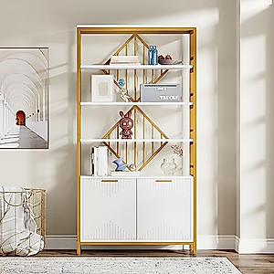 Tribesigns Modern Bookshelves and Bookcases with Doors 11.8in Depth Floor Standing 5 Shelf Display Storage Shelves Bookcase Home Decor Furniture for Home, Office, Living Room, Bedroom