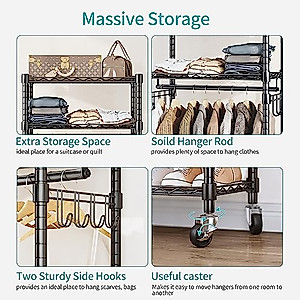NATRKE Rolling Garment Rack 3 Tiers Heavy Duty, Adjustable Freestanding Clothing Rack With Wheels, Garment Rack with Storage Shelves 2 Pairs Side Hooks, Max Load 420 lbs, Black S1