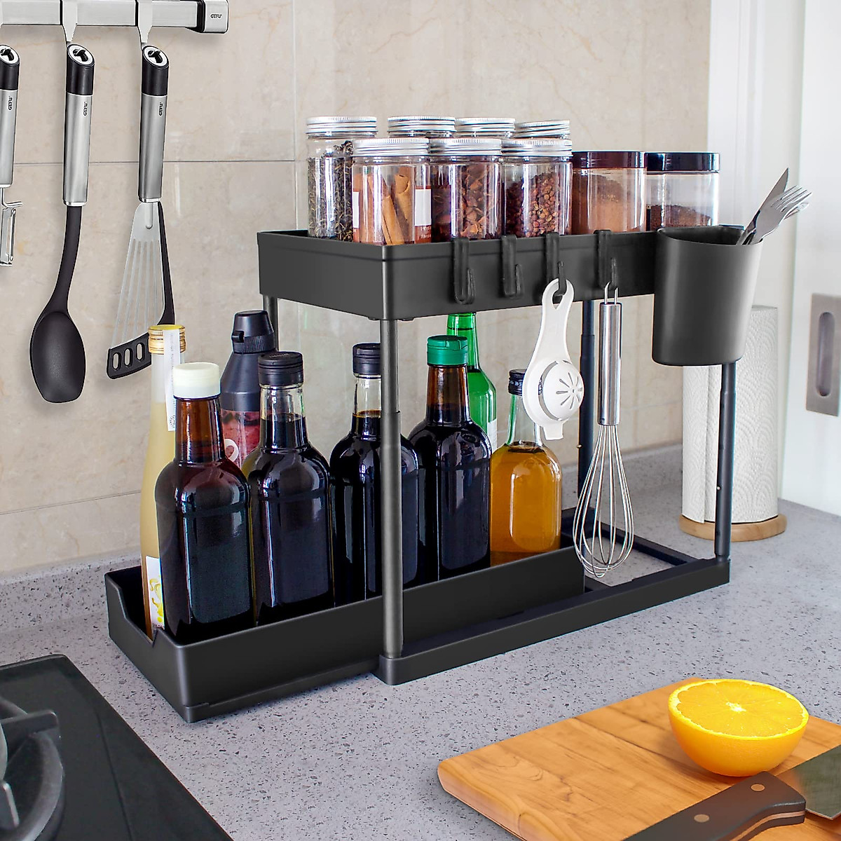 DOFIMATE 2 Pack Under Sink Organizers and Storage Bathroom,2 Tier Adjustable Height Cabinet Basket Organizer, The Bottom Slide Out Basket Under Kitchen Used for Bathroom, Storage Room