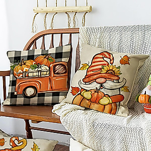 Fahrendom Fall Gnome Pumpkin Decorative Throw Pillow Covers 18x18 Set of 4, Autumn Truck Buffalo Plaid Check Porch Patio Outdoor Pillowcase, Maple Leaves Thanksgiving Farmhouse Cushion Case Home Decor
