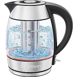 Chefman Glass Electric Kettle for Boiling Water, 1.8L 1500W, with Tea Infuser, Keep Warm Function, Auto Shut Off, Boil-Dry Protection, BPA Free, Hot Water Boiler, Electric Tea Kettle - Stainless Steel