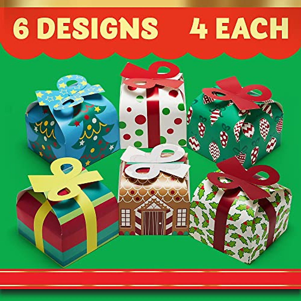 JOYIN 24 PCS 3D Christmas Goody Gift Boxes with Bow for Holiday Xmas Goodie Paper Boxes, School Classroom Party Favor Supplies, Candy Treat Cardboard Cookie Boxes