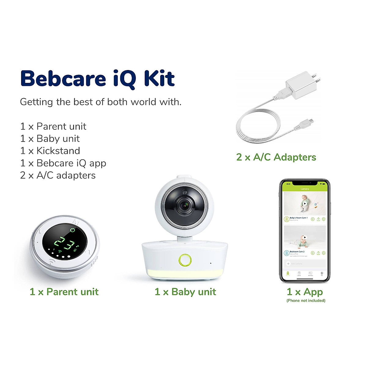 Bebcare iQ - Smart HD Baby Monitor: Full HD 1080p Video, Pan-and-Tilt, Temperature Sensor, Motion and Sound Alert, Stand-Alone Audio Monitor Unit (Without Breathing Sensor Mat)
