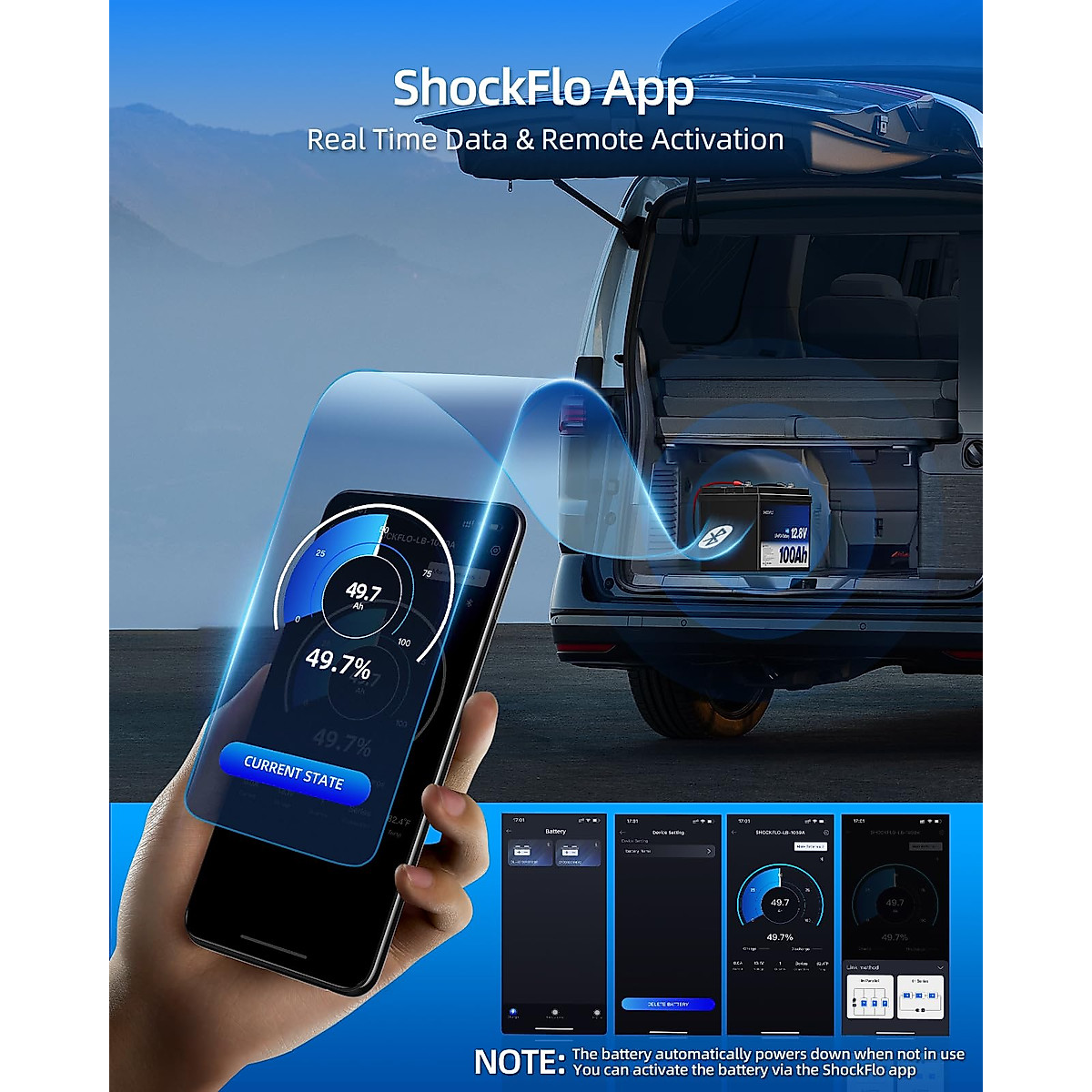 ShockFlo 12v 100Ah LiFePO4 Lithium Battery, Deep Cycle Lithium Iron Phosphate Battery, Built-in Superior BMS Protection, 15000+ Cycles Rechargeable Battery, APP Power Monitoring Perfect for RV, LB04