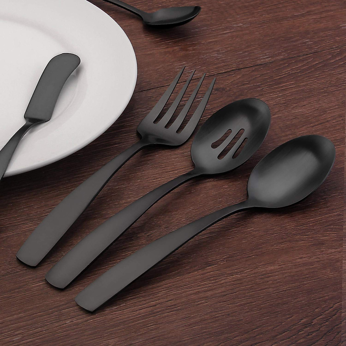 Bysta Serving Utensils Set, Matte Black 5-Piece Hostess Set, Stainless Steel Silverware Flatware Cutlery Serving Set, Satin Finish, Dishwasher Safe