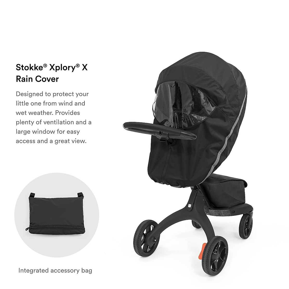 Stokke Xplory X Rain Cover, Black - Keep Baby Dry - Easy to Use, Transport & Store - Integrated Ventilation, Large Window & Safety Reflectors - Made from Water-Repellent Fabrics
